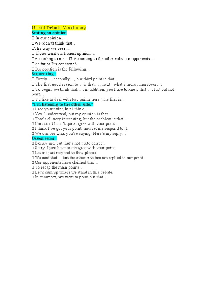 Useful Debate Vocabulary | PDF