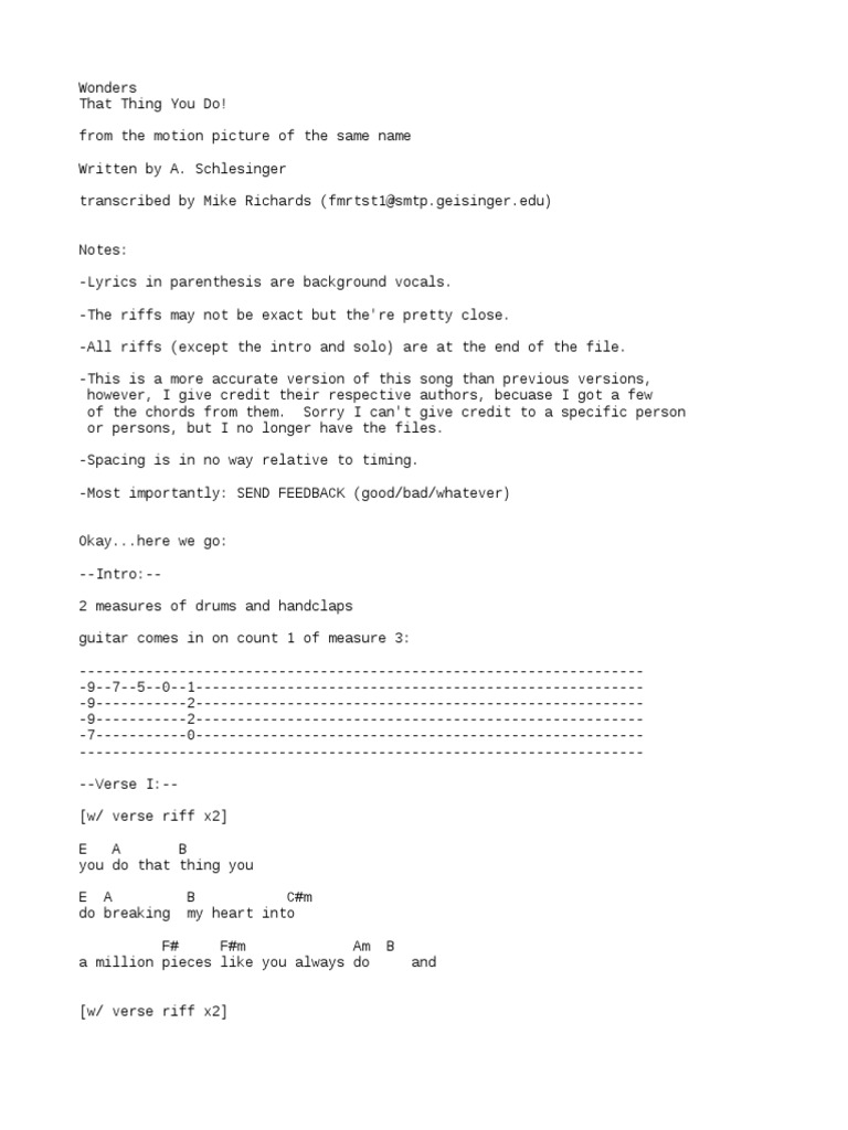 Wonders - (THAT THING YOU DO TAB) | PDF | Song Structure | Recorded Music