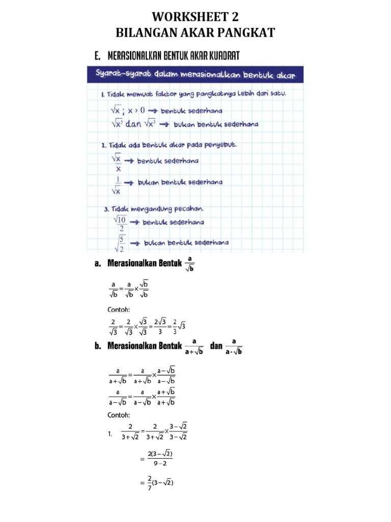 Worksheet Bilangan Akar Pangkat 2 | PDF