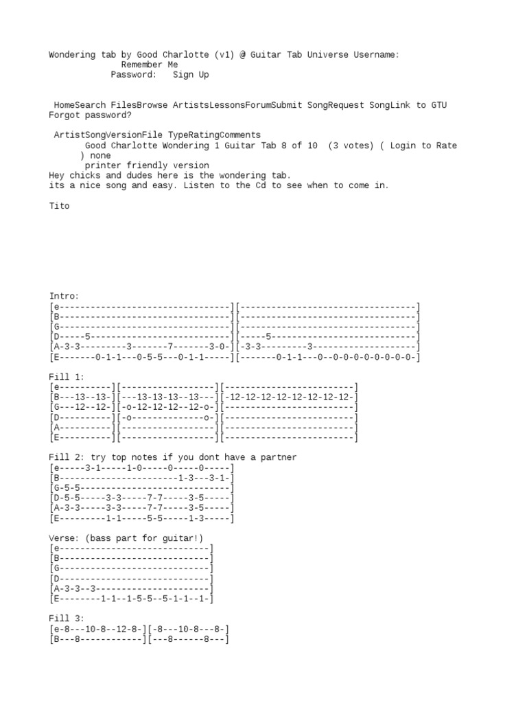 Wondering Tab by Good Charlotte (v1) at Guitar Tab Universe | PDF ...