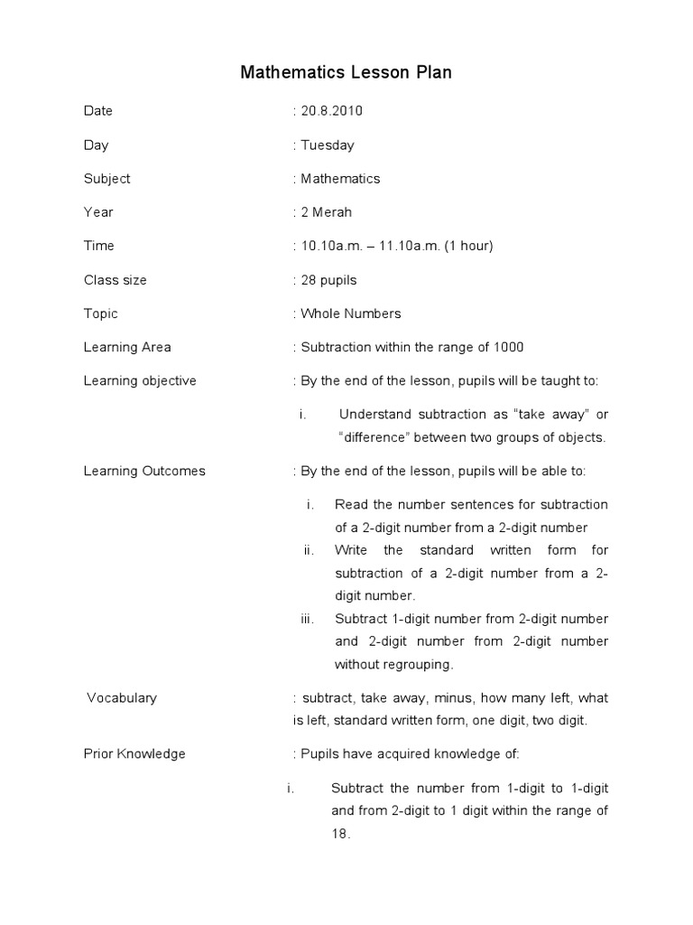 Mathematics Lesson Plan | PDF | Teachers | Subtraction