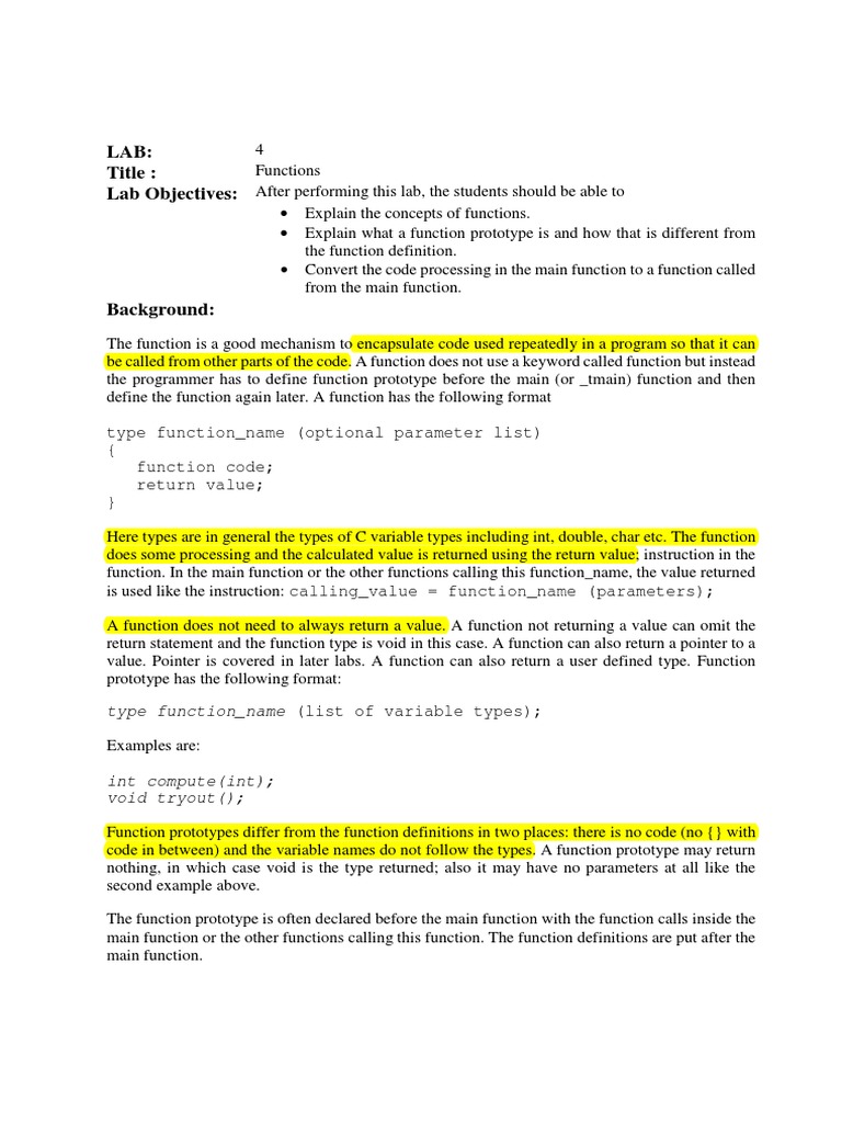 Lab Title Lab Objectives Type Function Name Optional Parameter List Function Code