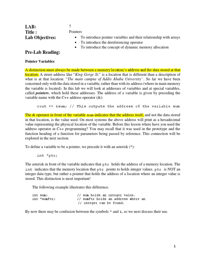Lab Title Lab Objectives Pointer Variables Pdf Pointer Computer Programming Array