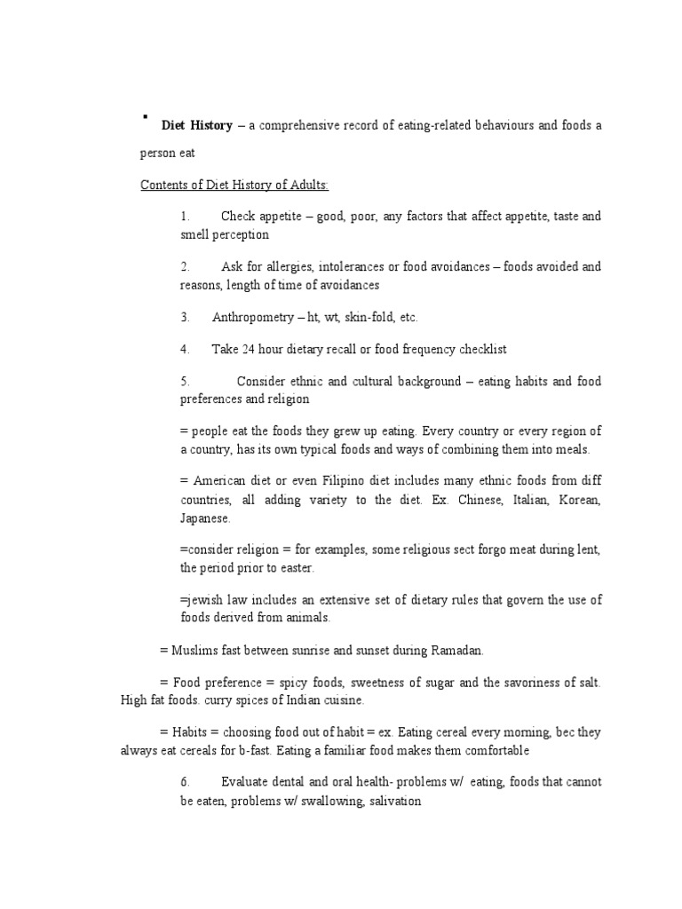 Content of Dietary History | PDF | Diet (Nutrition) | Diet & Nutrition