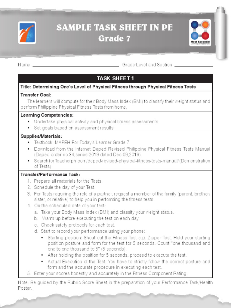 Sample Task Sheet - MAPEH FTL 7 - PE | PDF | Dieting | Nutrition