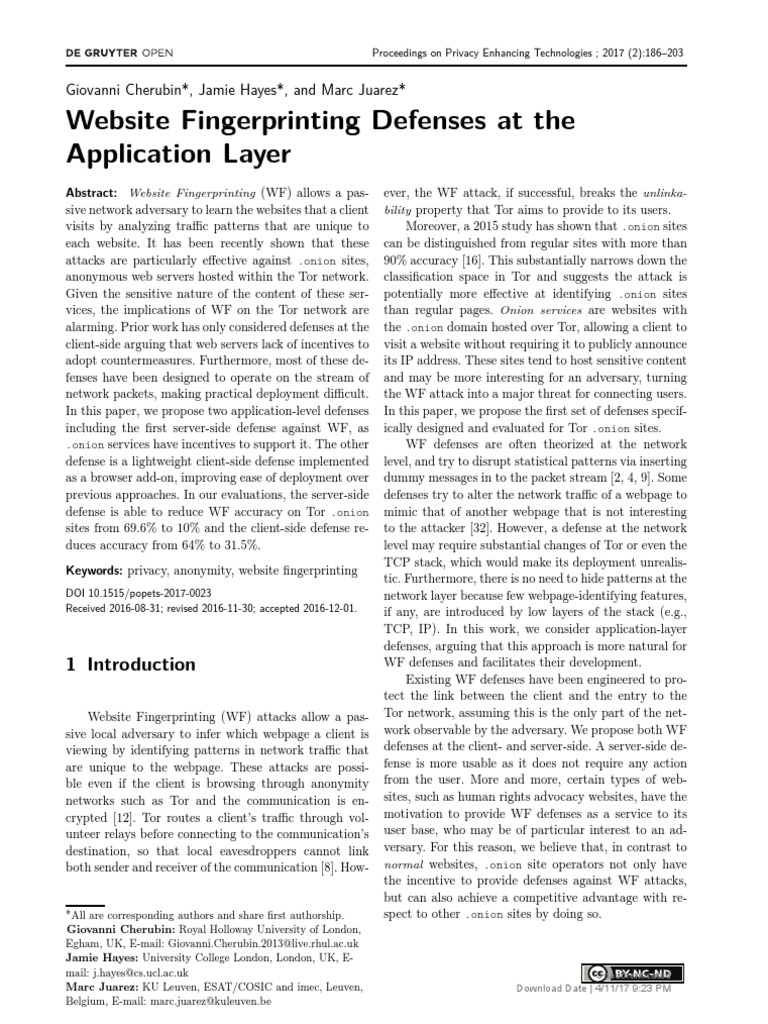 Website Fingerprinting Defenses at The Application | PDF | Tor (Anonymity Network) | Dynamic Web ...