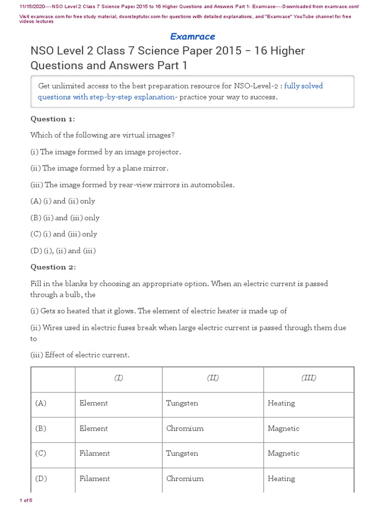 NSO Level 2 Class 7 Science Paper 2015 16 Part 1 | PDF | Incandescent ...