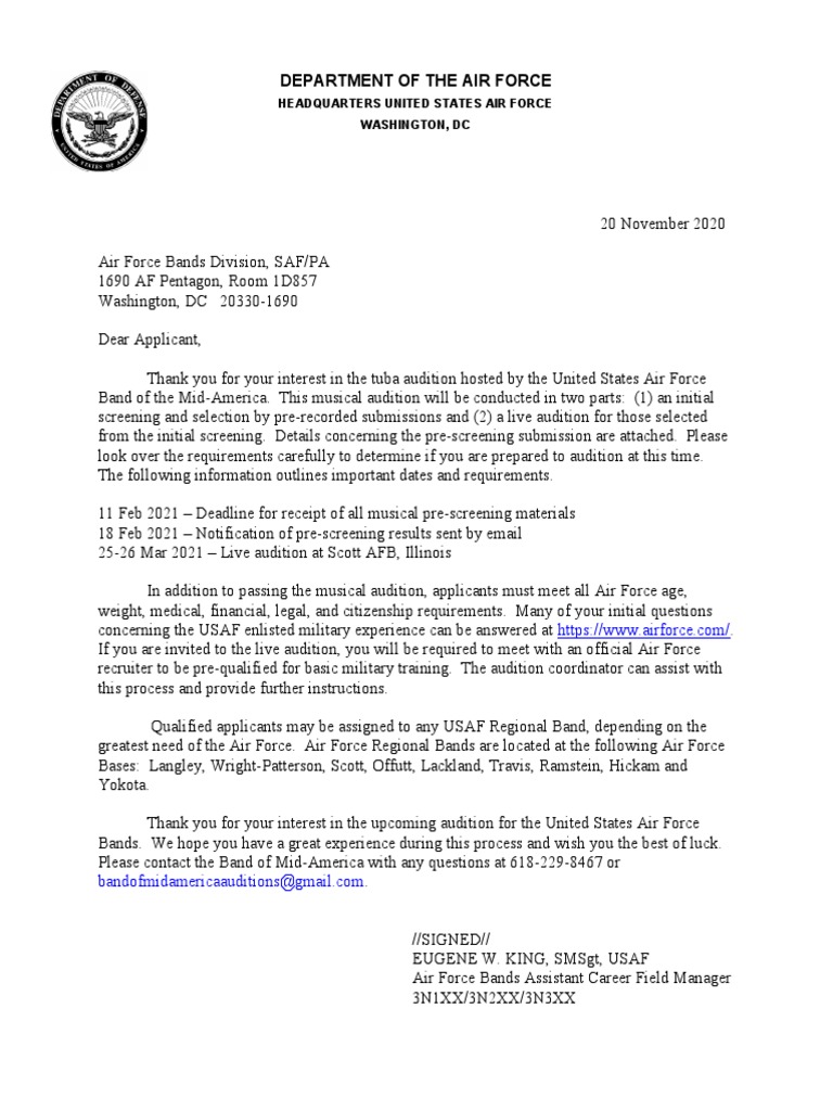 Air Force Band Mid America Tuba Audition 2021 | PDF | United States Air ...