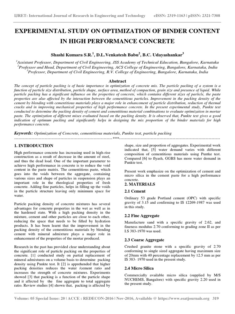 Experimental Study On Optimization of Binder Content in High ...