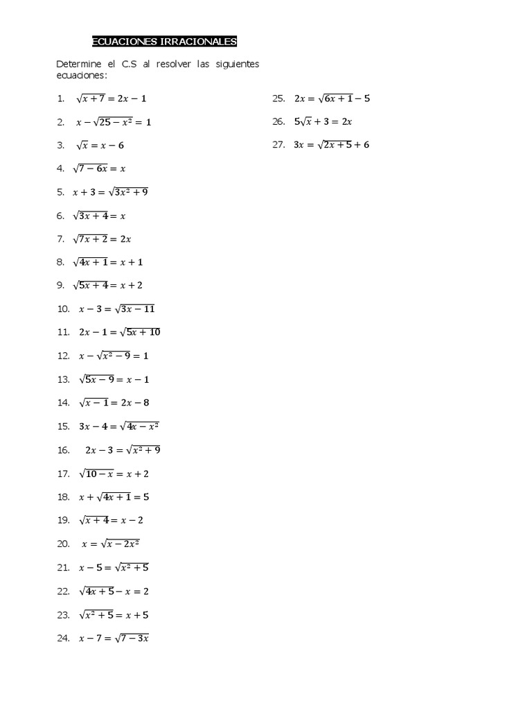 Ecuaciones Irracionales-Ficha Ejercicios | PDF