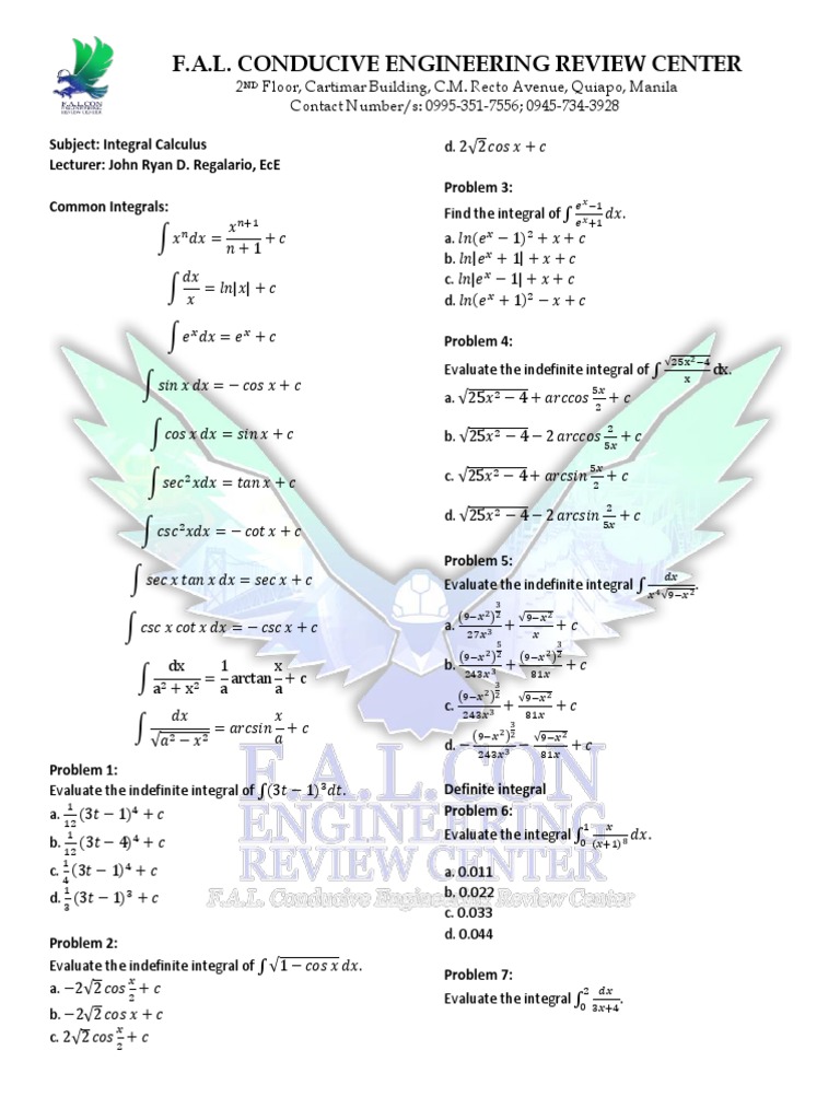 Integral Calculus Lecture: Common Integrals and Problems on Evaluating ...