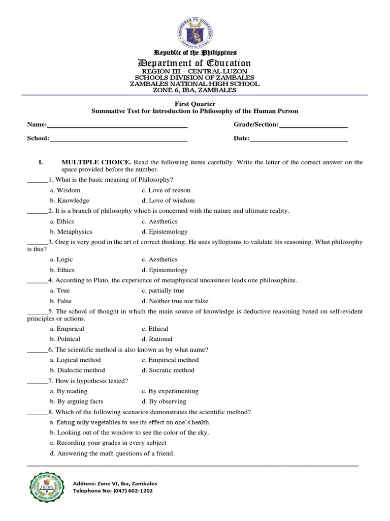 Grade 11 Philosophy Summative Test | PDF | Reason | Scientific Method