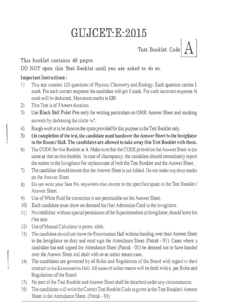 Gujcet 2015 Paper Set A | PDF | Physical Sciences | Chemistry