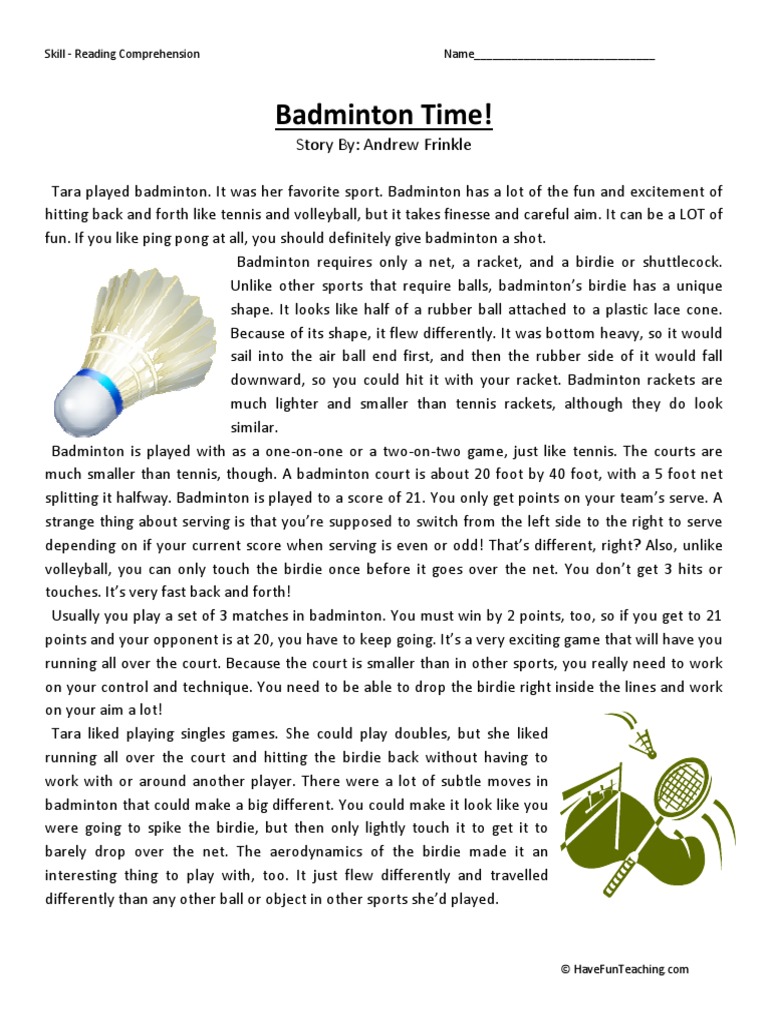 Badminton Time Fifth Grade Reading Comprehension Worksheet | PDF ...