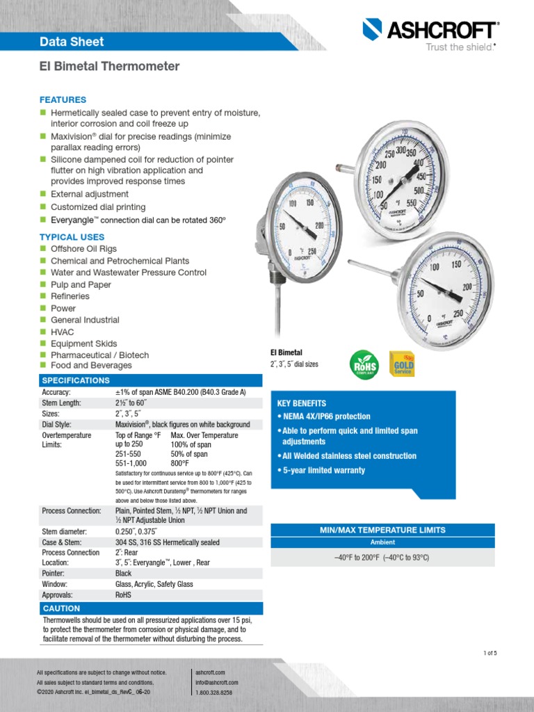 EI Bimetal Thermometer: Data Sheet | PDF | Thermometer | Fahrenheit