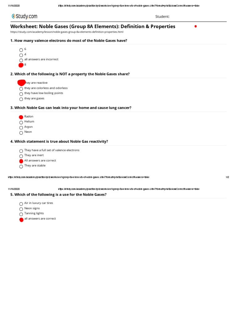 Worksheet Group 8a Elements of Noble Gases | PDF