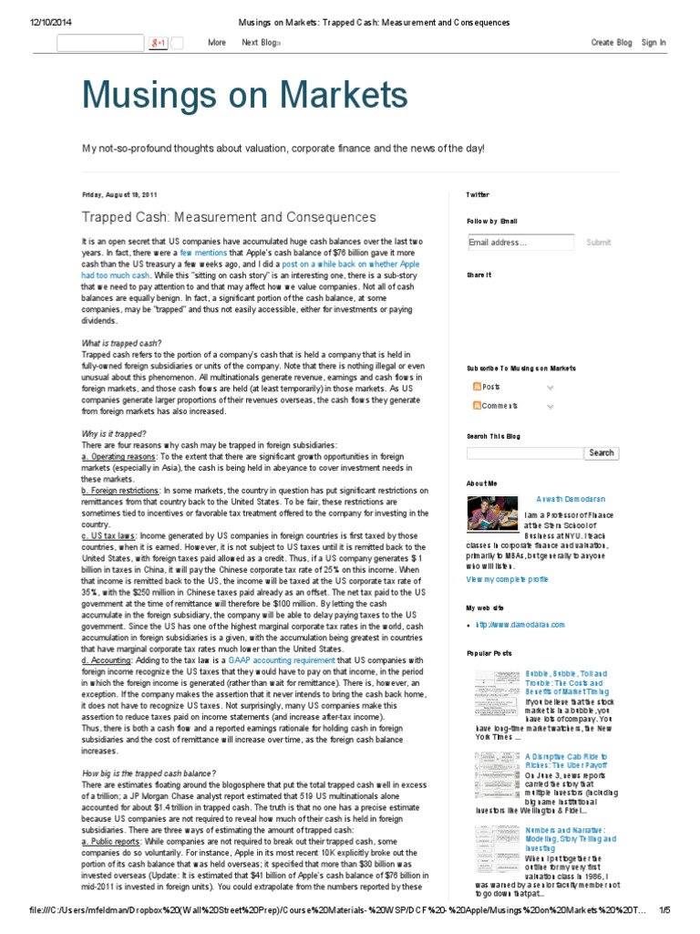 Damodaran - Trapped Cash | PDF | Valuation (Finance) | Taxes
