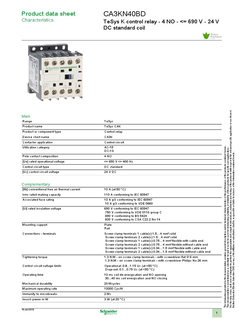 CA3KN40BD: Product Data Sheet | PDF | Relay | Electric Power