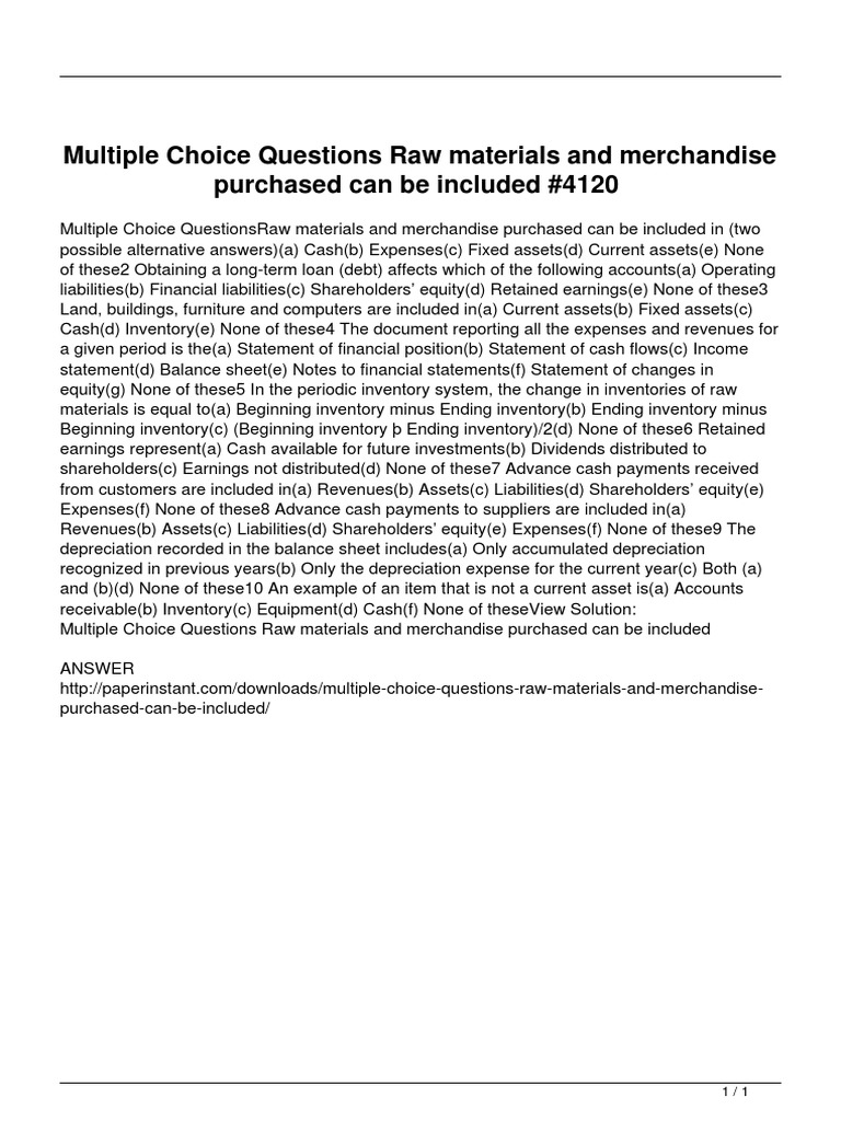 Multiple Choice Questions Raw Materials and Merchandise Purchased Can ...