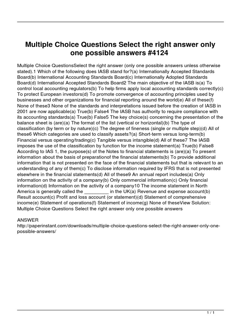Multiple Choice Questions Select The Right Answer Only One Possible ...