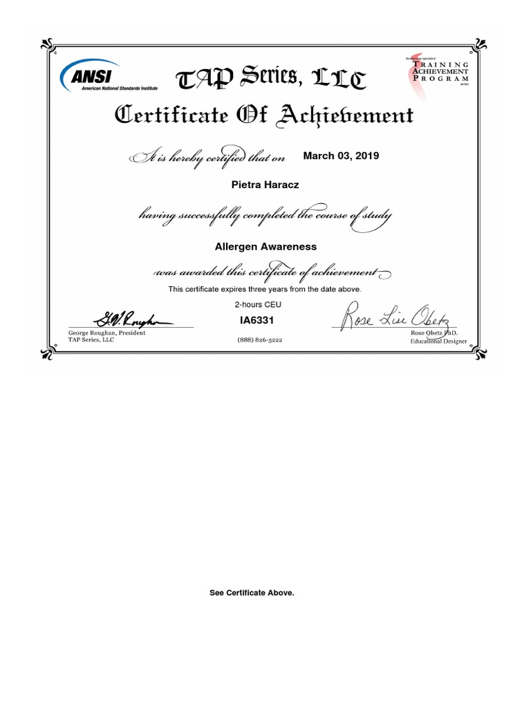 Allergen Awareness Certification Details | PDF | Wellness