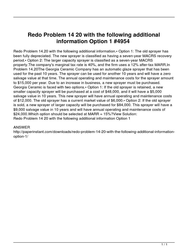 Redo Problem 14 20 With The Following Additional Information Option 1 ...