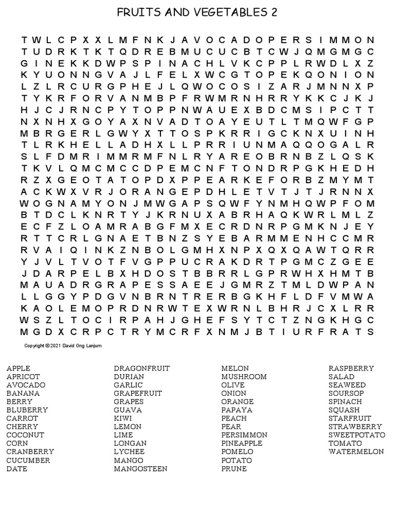 Wordsearch Fruits and Vegetables 2 V1 | PDF | Foods | Cuisine