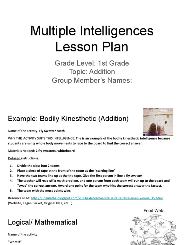 Multiple Intelligences Lesson Plan: Grade Level: 1st Grade Topic ...