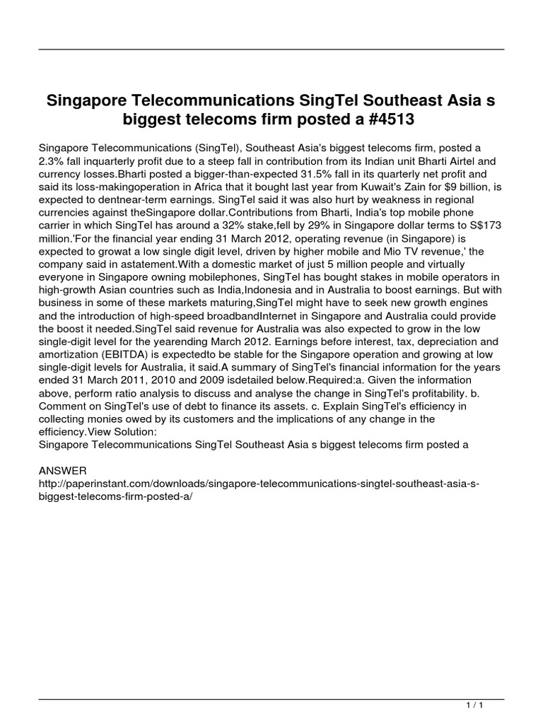 Singapore Telecommunications Singtel Southeast Asia S Biggest Telecoms ...