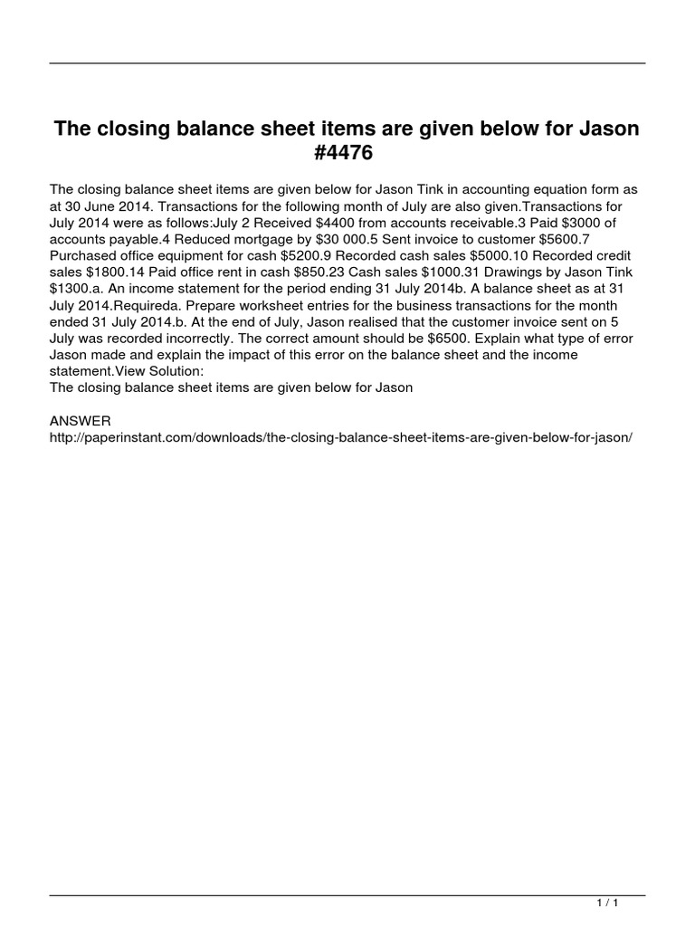 The Closing Balance Sheet Items Are Given Below For Jason | PDF ...