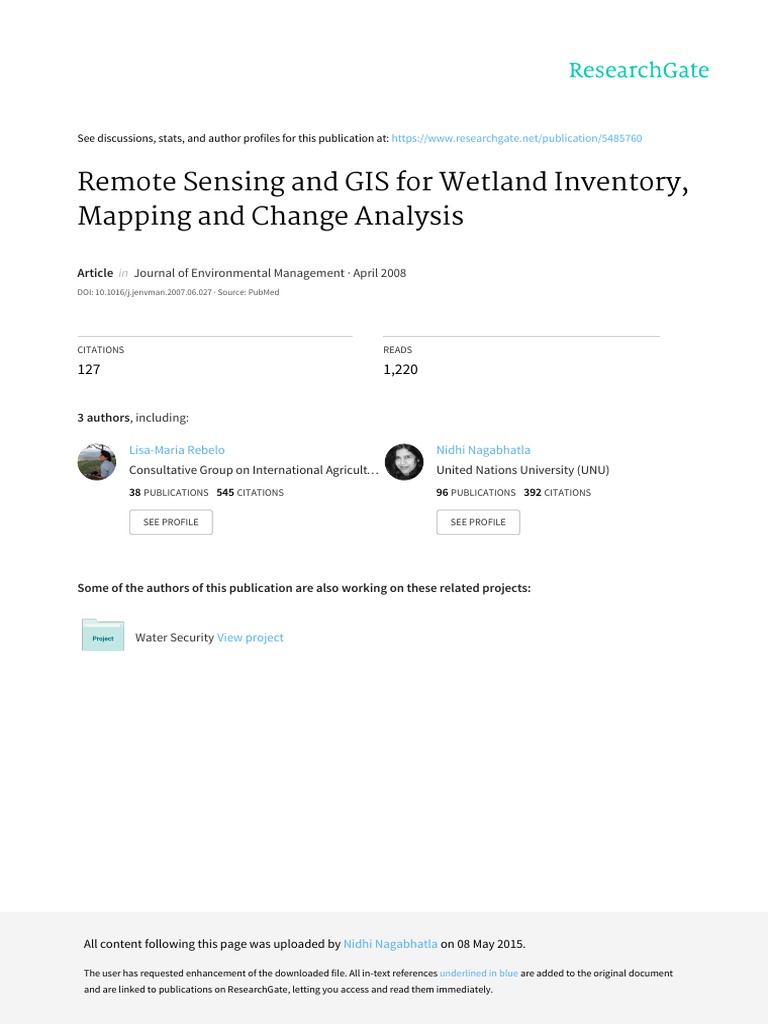Remote Sensing and GIS For Wetland Inventory, Mapping and Change Analysis | PDF | Wetland | Forests