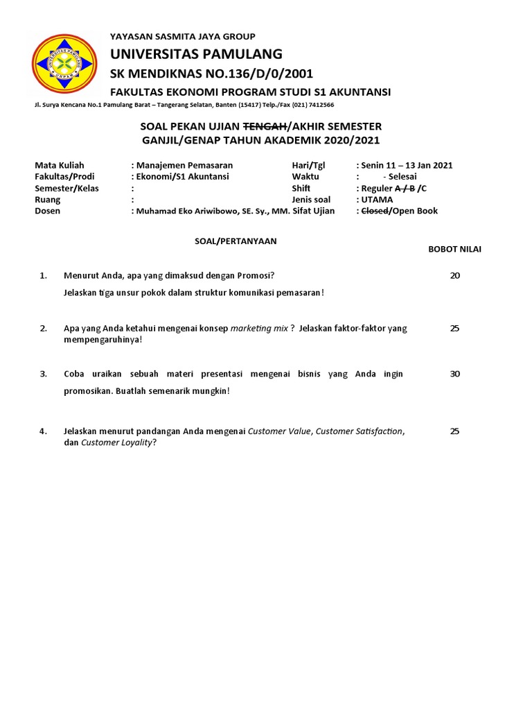 SOAL UAS Manajemen Pemasaran | PDF