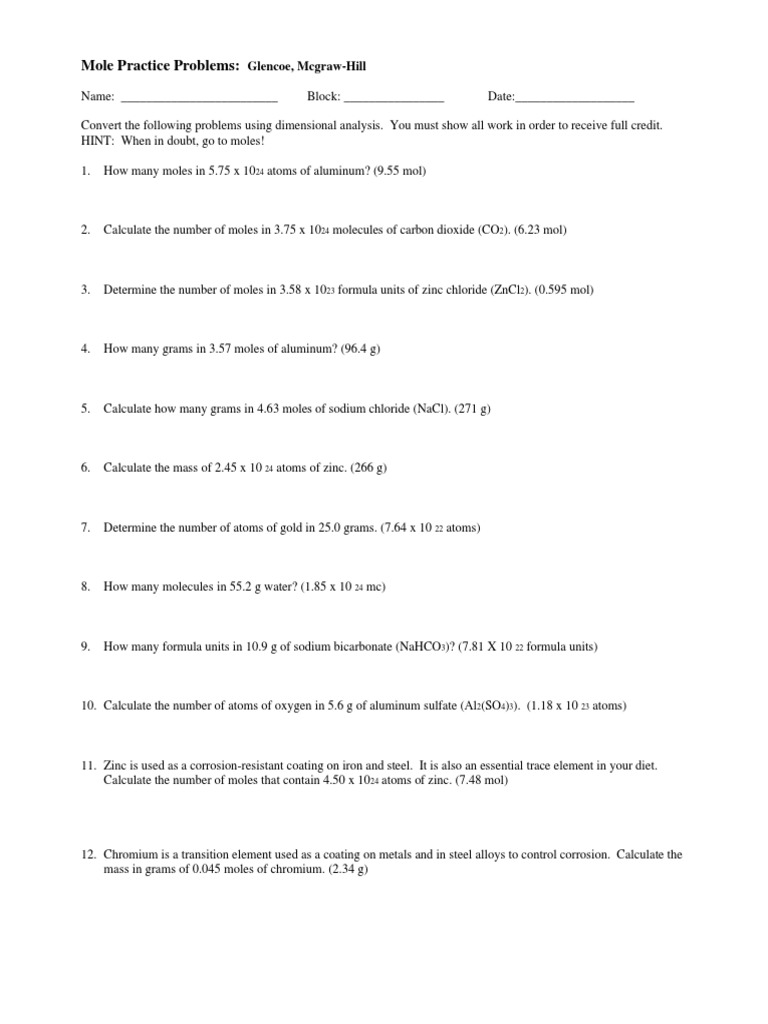 Mole Practice Problems:: Glencoe, Mcgraw-Hill | PDF | Mole (Unit ...