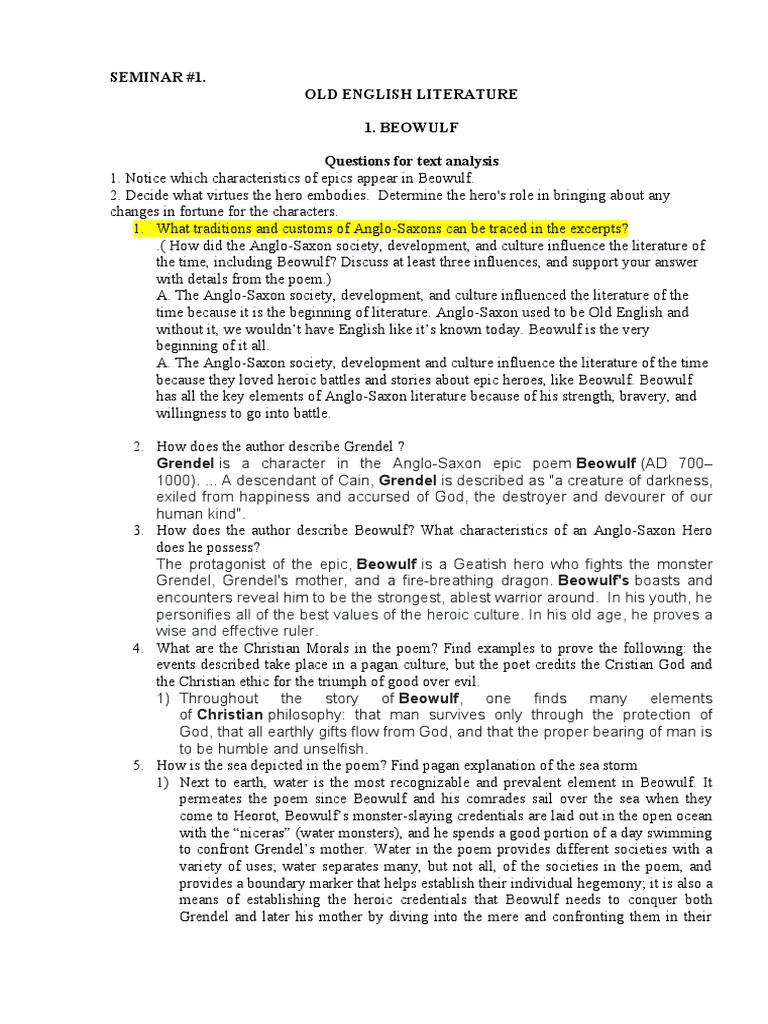 Seminar 1 Beowulf Questions and The Text | PDF | Beowulf | Poetry