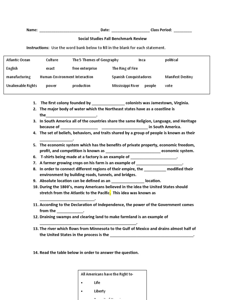 Fall 2019 Social Studies Benchmark Review Fill in The Blank Activity ...