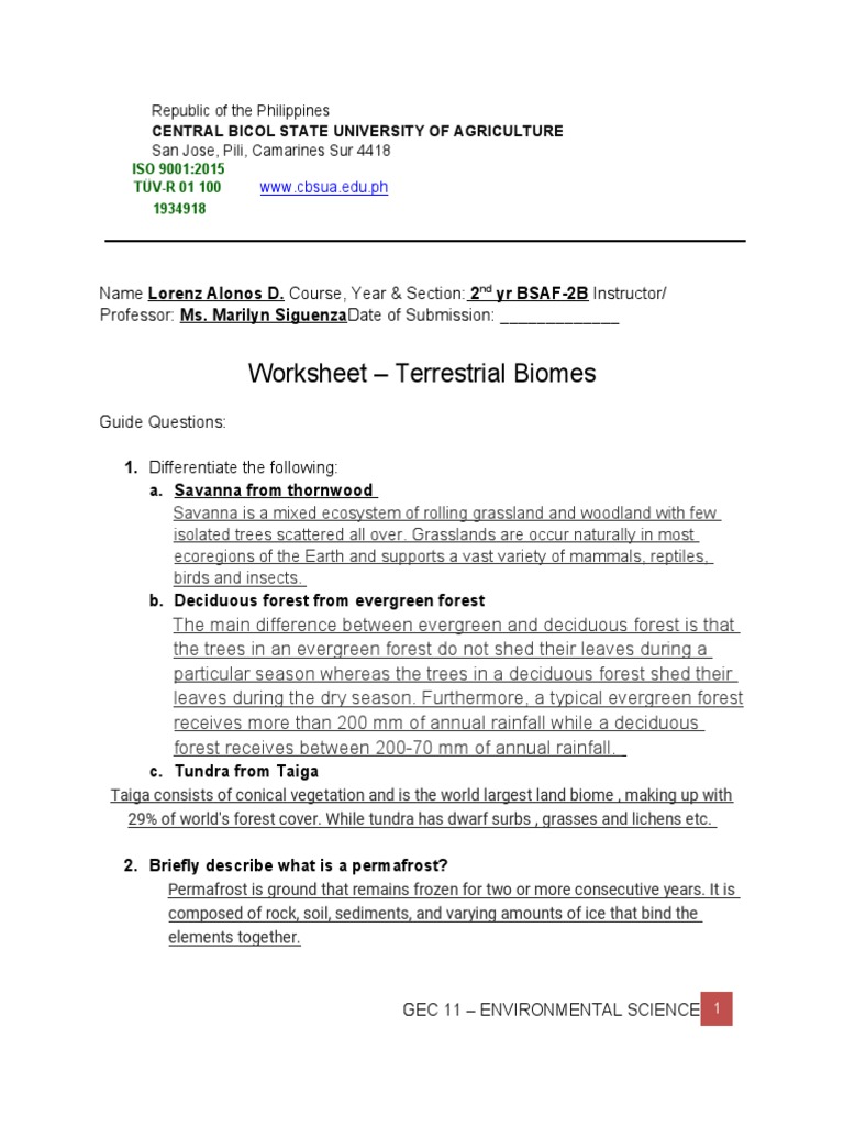 Worksheet - Terrestrial Biomes: Yr BSAF-2B Instructor/ Date of ...