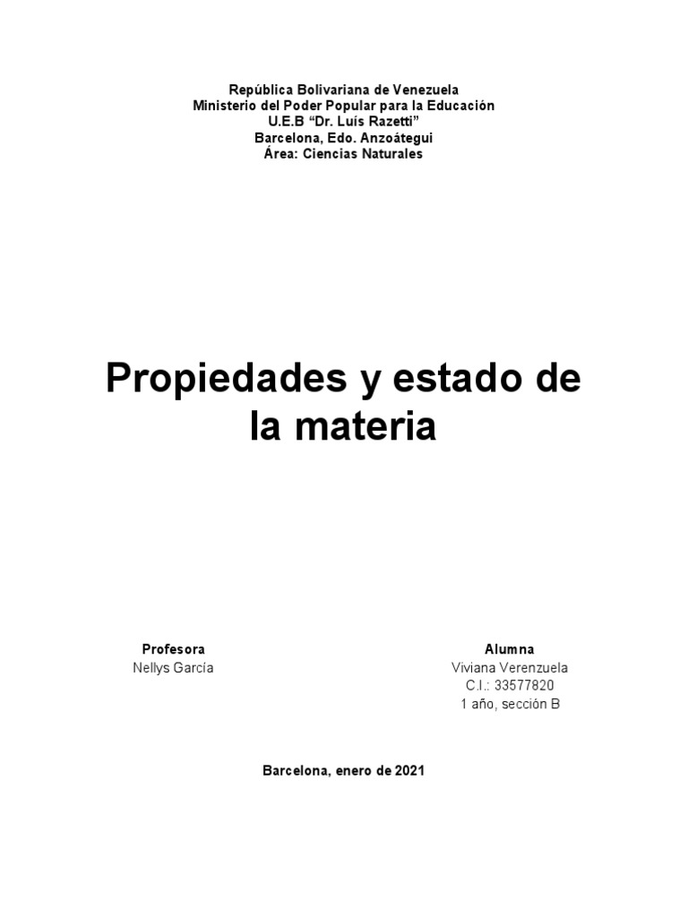 Hoja De Trabajo Sobre Las Propiedades Físicas De La Materia