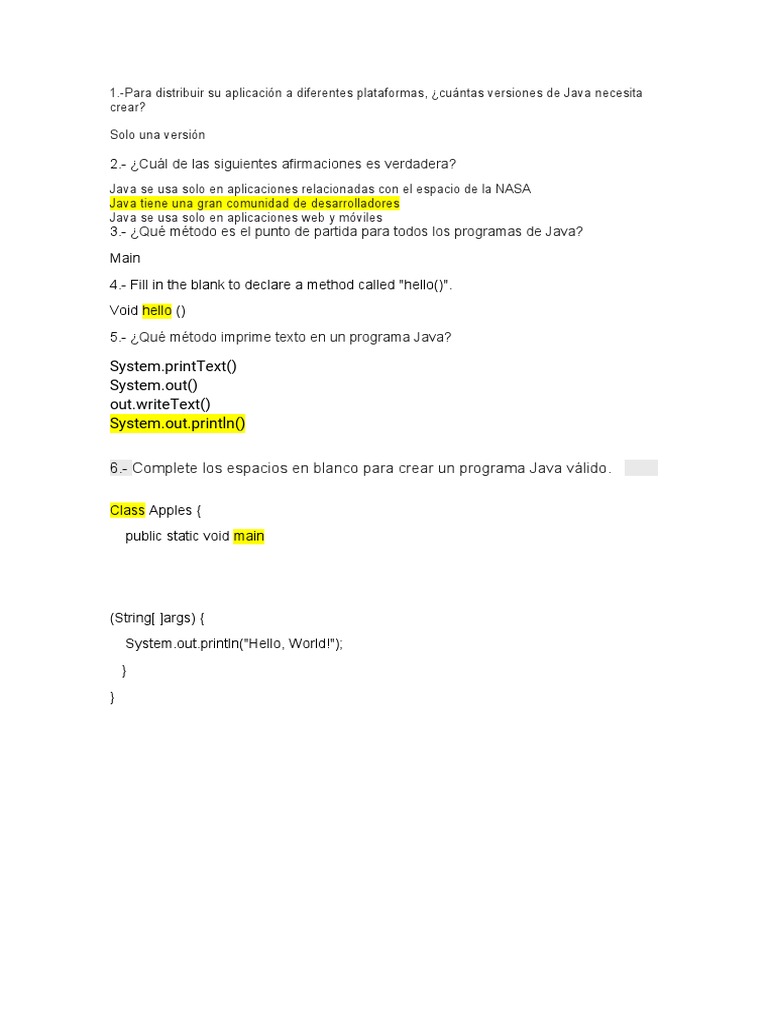 Cuestionario Del Curso de Java | PDF | Java (lenguaje de programación) | Desarrollo de software