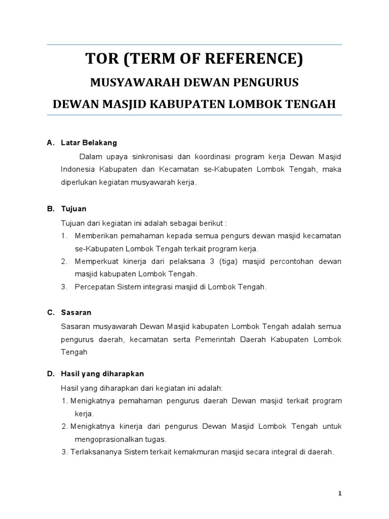 Tor (Term of Reference) : Musyawarah Dewan Pengurus Dewan Masjid ...