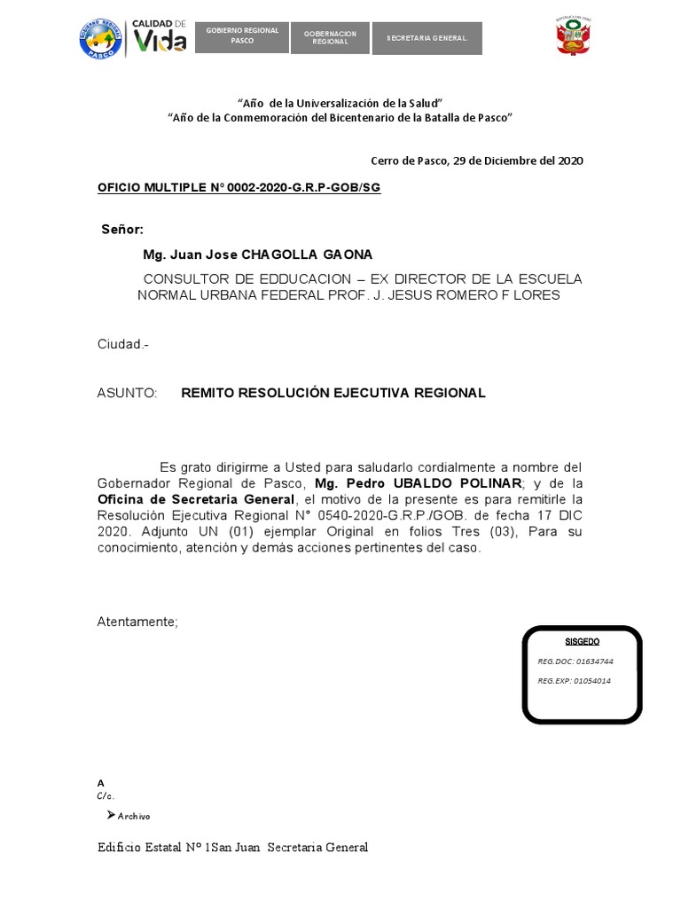 Oficio MULTIPLE N°000002 Mg. Juan Jose CHAGOLLA GAONA | PDF