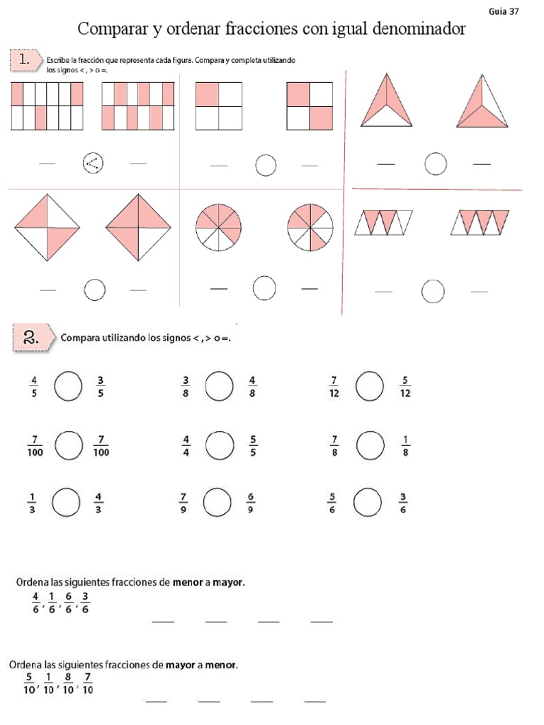 Guía 37 Repaso Comparar y Ordenar Fracciones de Igual y Distinto ...