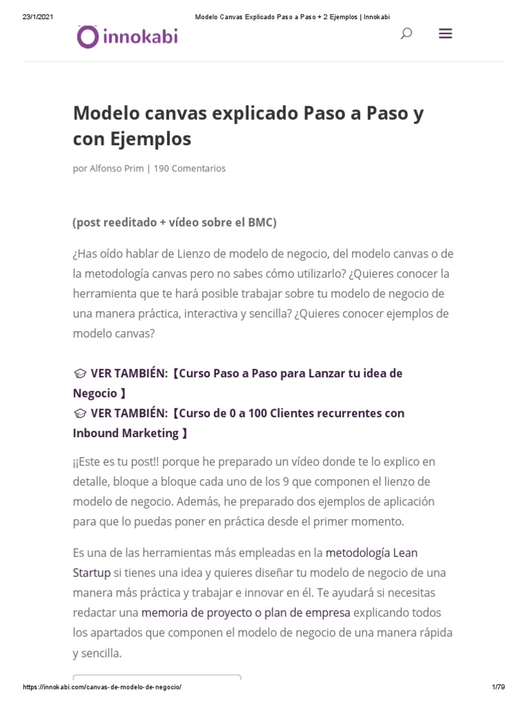 Modelo Canvas Explicado Paso A Paso + 2 Ejemplos - Innokabi | PDF | Modelo de negocio | Marketing
