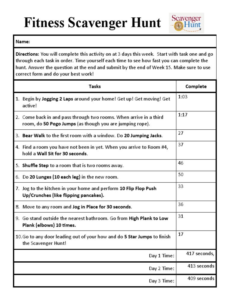 Fitness Scavenger Hunt Reflection Sheet | PDF | Home & Garden