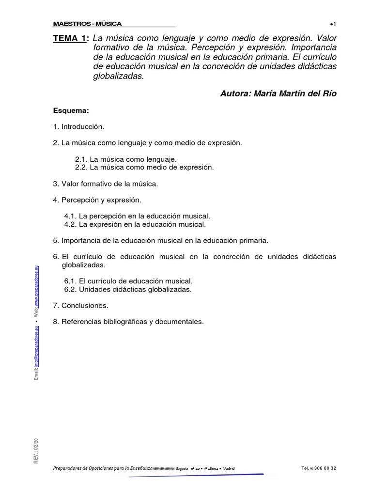 Tema 1 Musica Oposiciones | PDF | Plan de estudios | Educación primaria