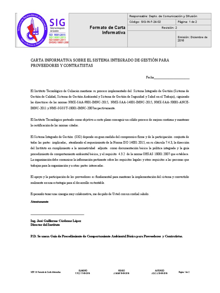 Sig in F 24 02 Formato de Carta Informativa y Guia Rev 2 | PDF ...