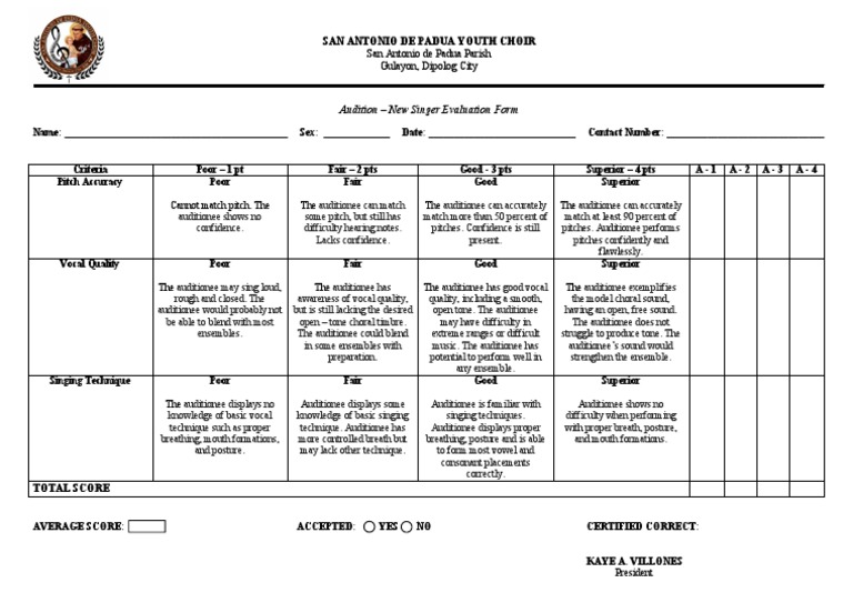 Audition - New Singer Evaluation Form: San Antonio de Padua Youth Choir ...