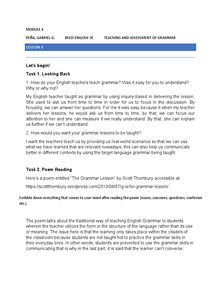 Let's Begin! Task 1. Looking Back: Lesson 4 | Download Free PDF ...