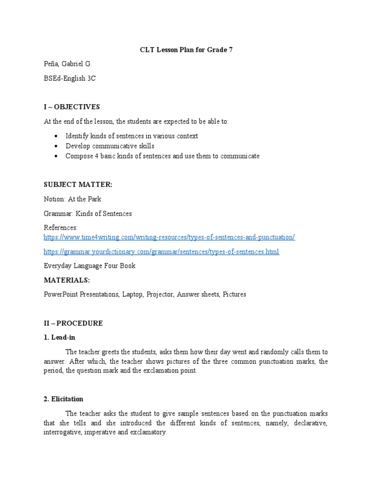 Peña CLT Lesson Plan | Download Free PDF | Sentence (Linguistics ...