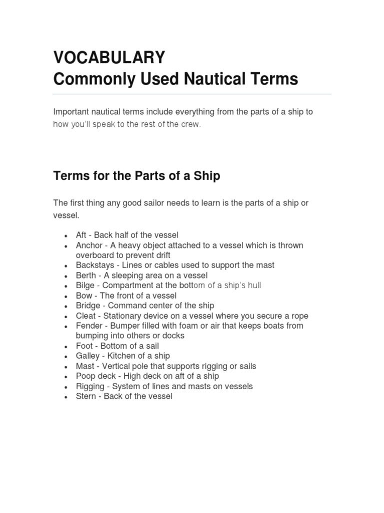 Vocabulary Commonly Used Nautical Terms: Terms For The Parts of A Ship ...