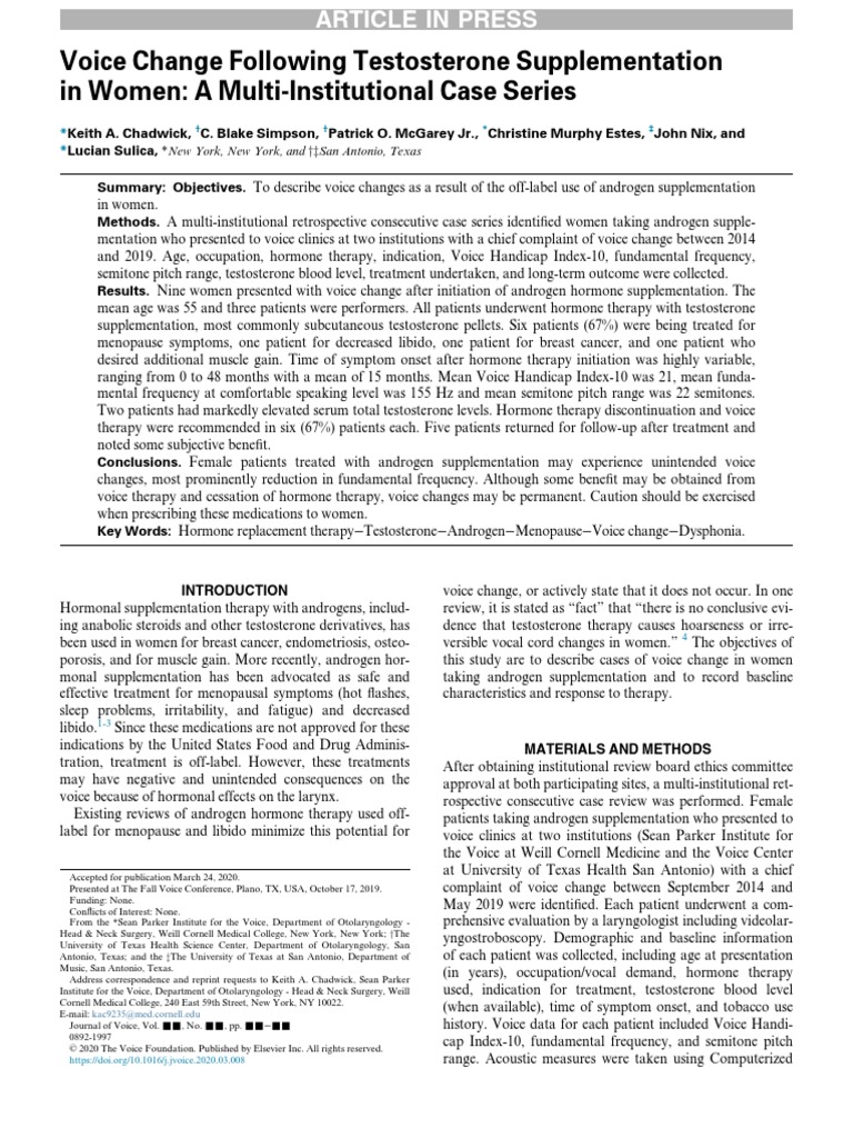 Voice Change Following Testosterone Supplementation | PDF | Hormone ...
